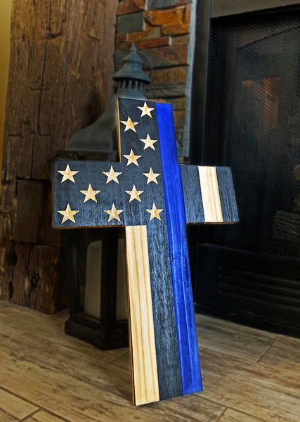 Thin Blue Line Cross | Wooden Wall Art – Breacher Rustics- Stand For ...